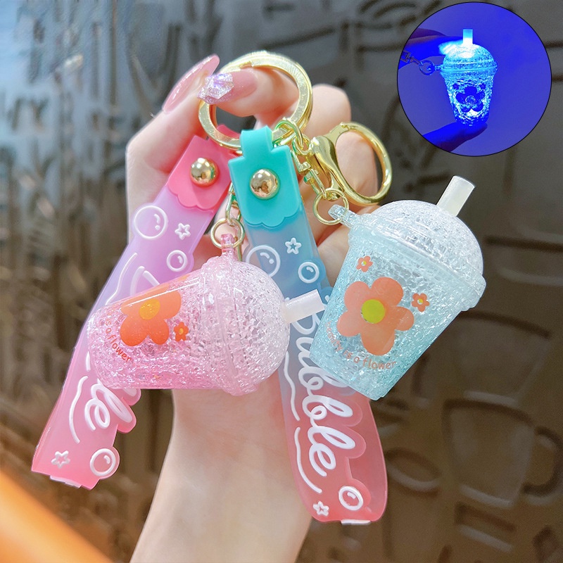 Creative Ice Cracked Milk Tea Cup with Light Keychain Acrylic Luminous ...