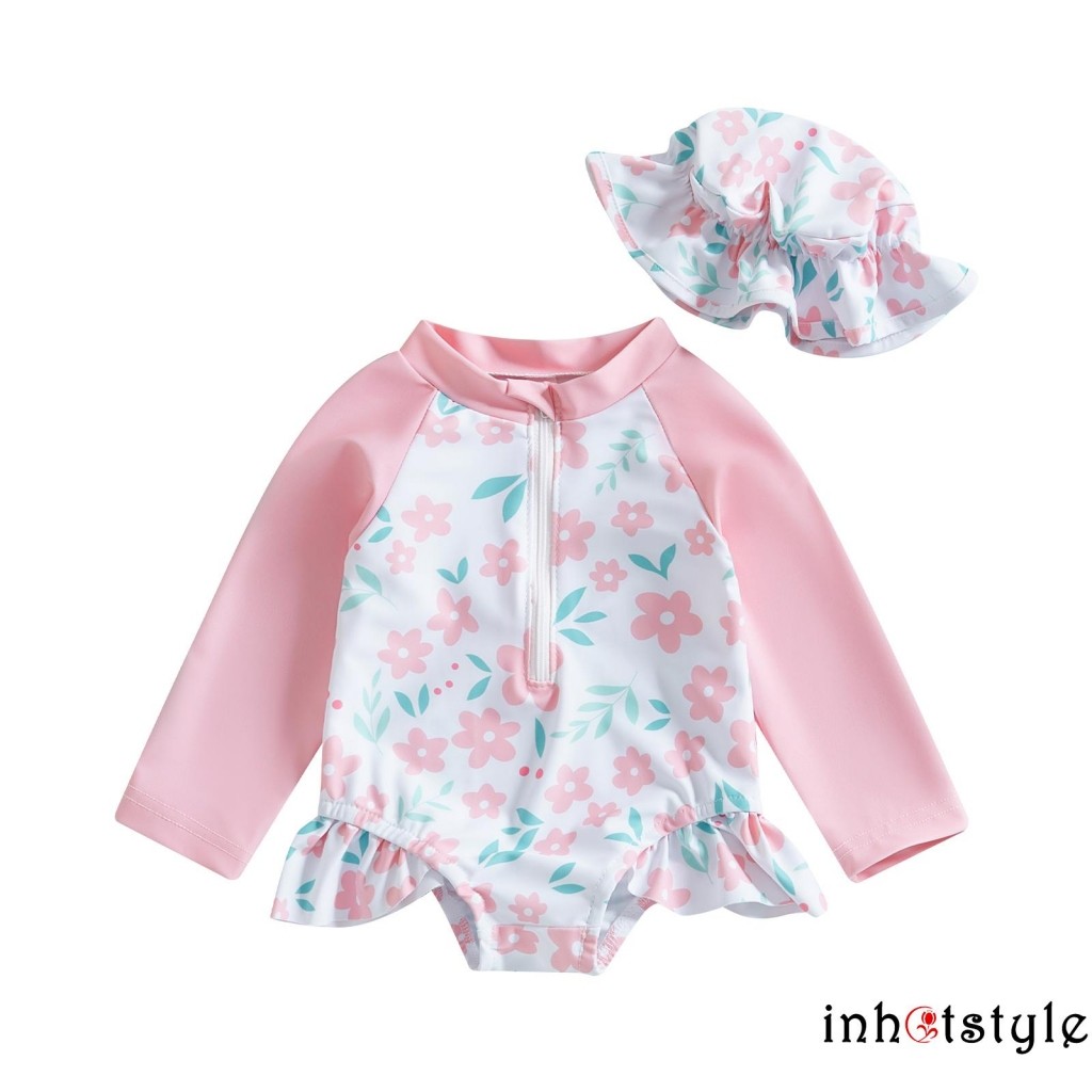 Lalalaak-Toddler Girls Rash Guard Swimsuit Rompers Long Sleeve Floral Print Baby Ruffle Bathing ...