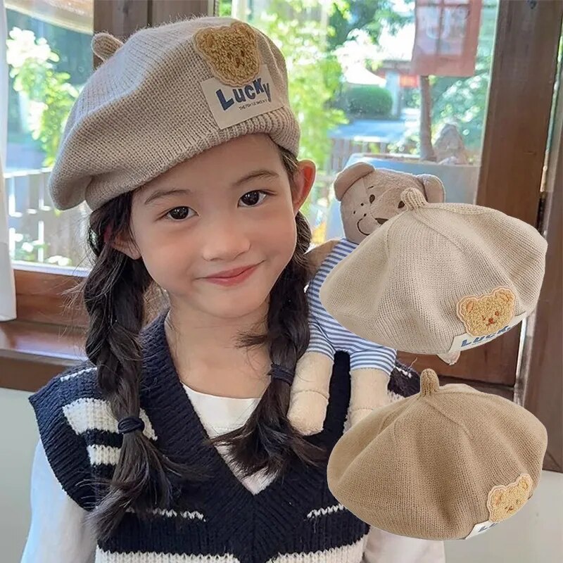 Cute Letter Bear Baby Beret Winter Spring Warm Knitted Beret Hat Korean ...