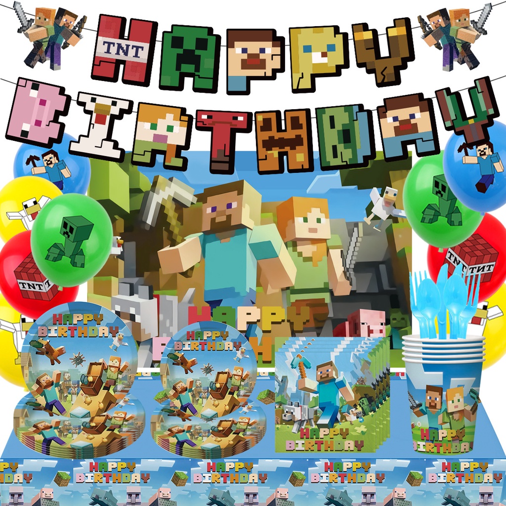 New Minecraft Game Theme Birthday Party Cartoon Banner Balloon ...
