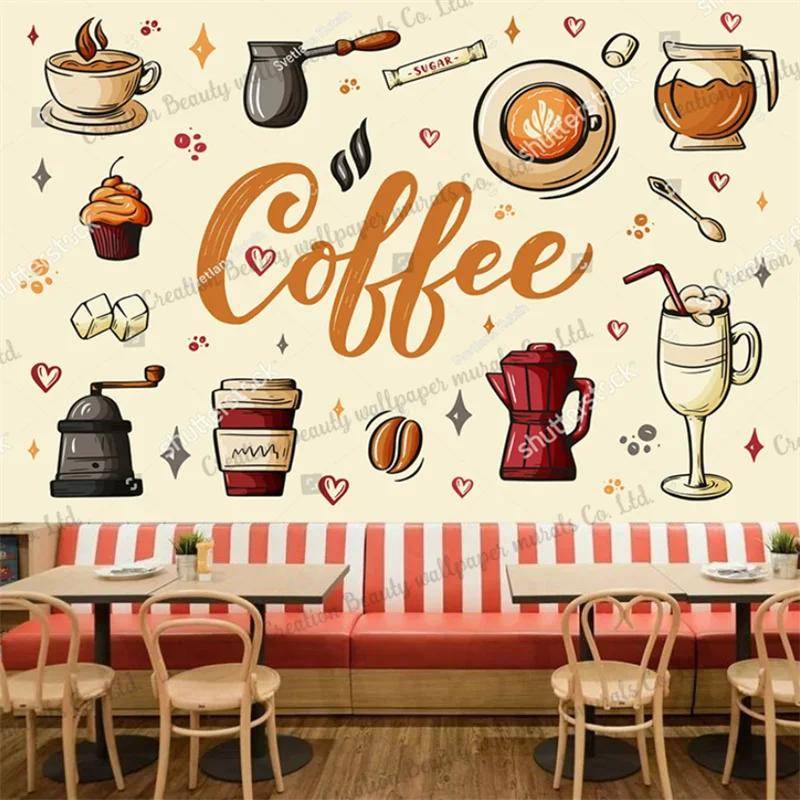 Custom Hand painted Coffee Pattern Wallpaper Mural For Coffee Shop Cafe ...