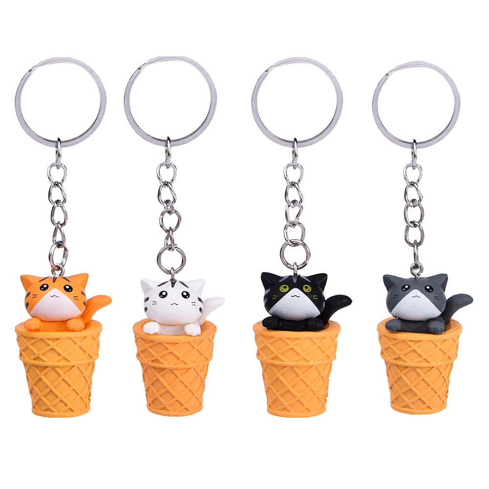 Lovely Kitty Keychain Cartoon Ice Cream Cone Cat Keyrings For Men Women ...