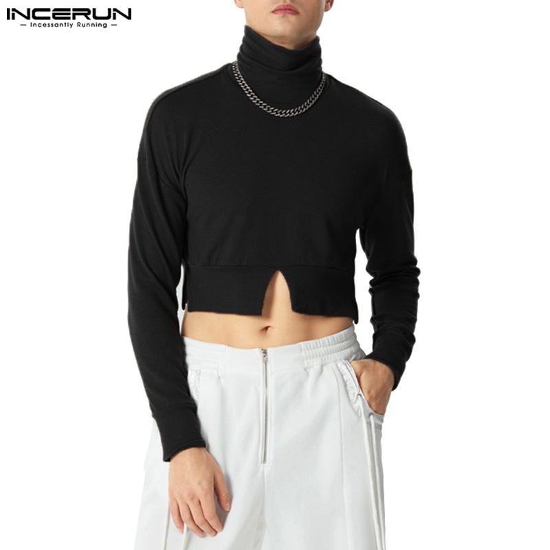 INCERUN Men Vintage Split Cutoff High Neck Long Sleeve Solid Color T ...