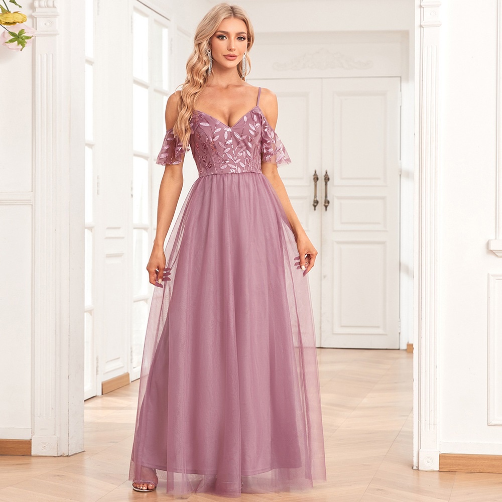 Women's Pink Banquet Evening Dress Elegant Off Shoulder V-neck ...