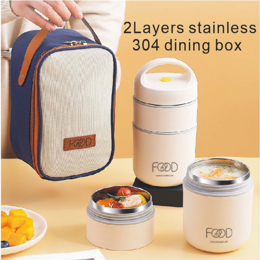 2 Layer Soup Bentg Lunch Box Stainless with Bag Thermal 304 Stainless ...