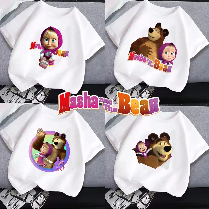Masha and The Bear Kid T-Shirts White Cartoon Printed Boy Girl Short ...