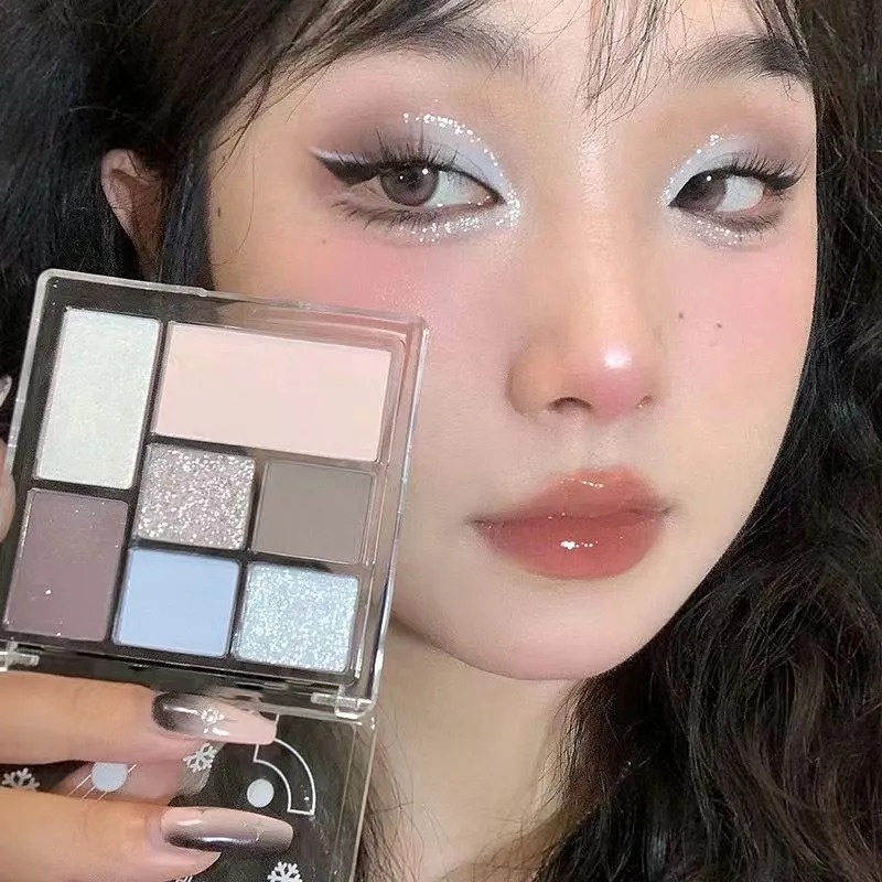 7 Color Korean Shiny Eye Shadow Palette Light Blue Brown Glitter Pearly ...