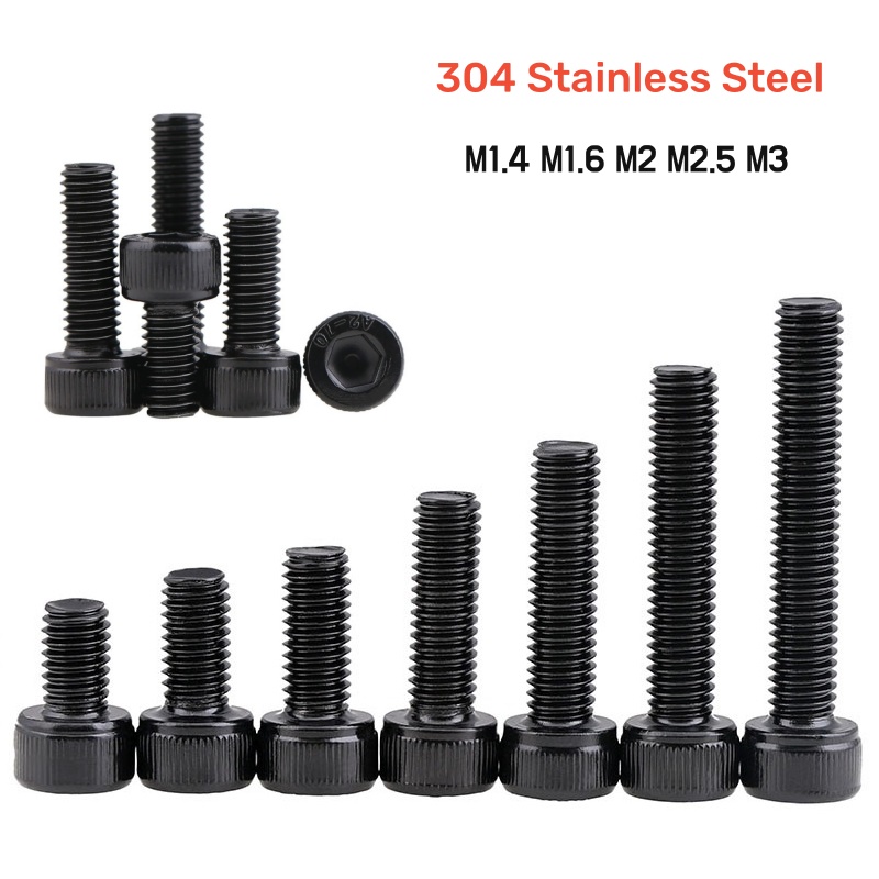 Black 304 Stainless Steel M1.4 M1.6 M2 M2.5 M3 All Full Thread Hexagon Hex Socket Cap Allen Head ...