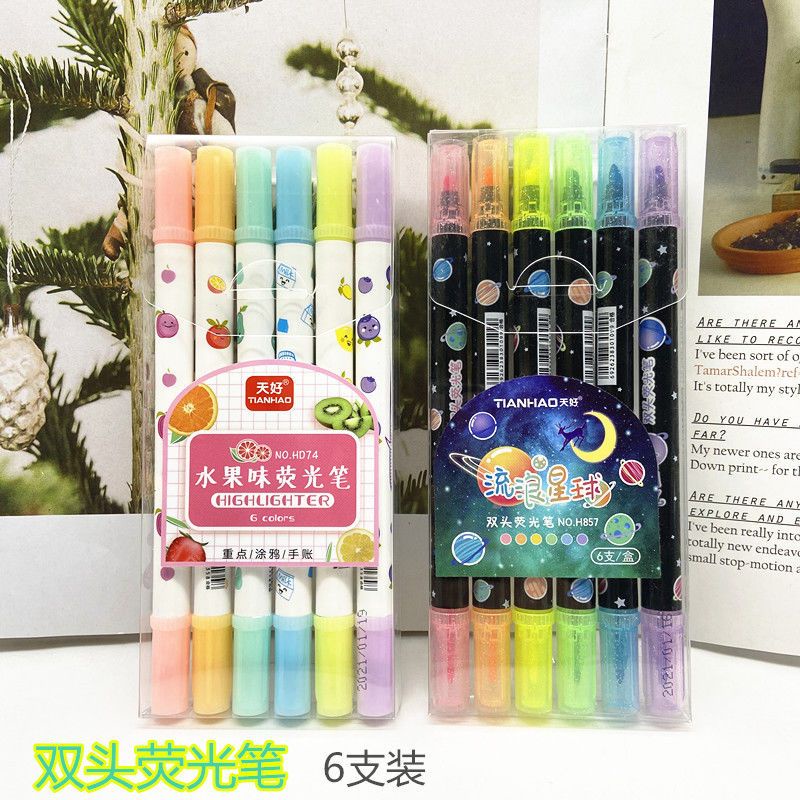 6-color Highlighter Set Double-Headed Highlighter Student Marker Notes ...