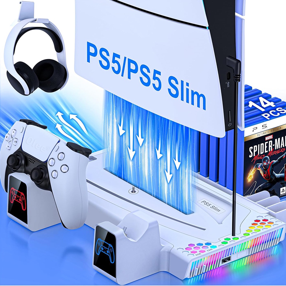 PS5 Slim Cooling Station with Dual Controller Charging, RGB PS5 Slim ...