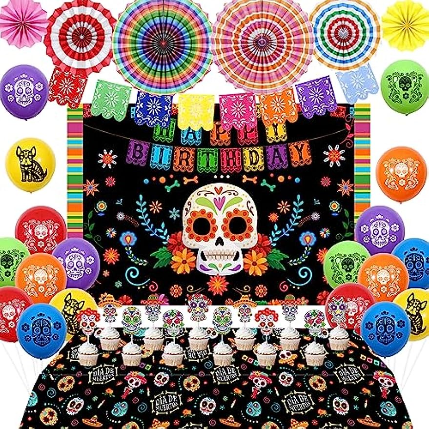CHEEREVEAL Day of the Dead Birthday Decorations, Balloons Backdrop ...