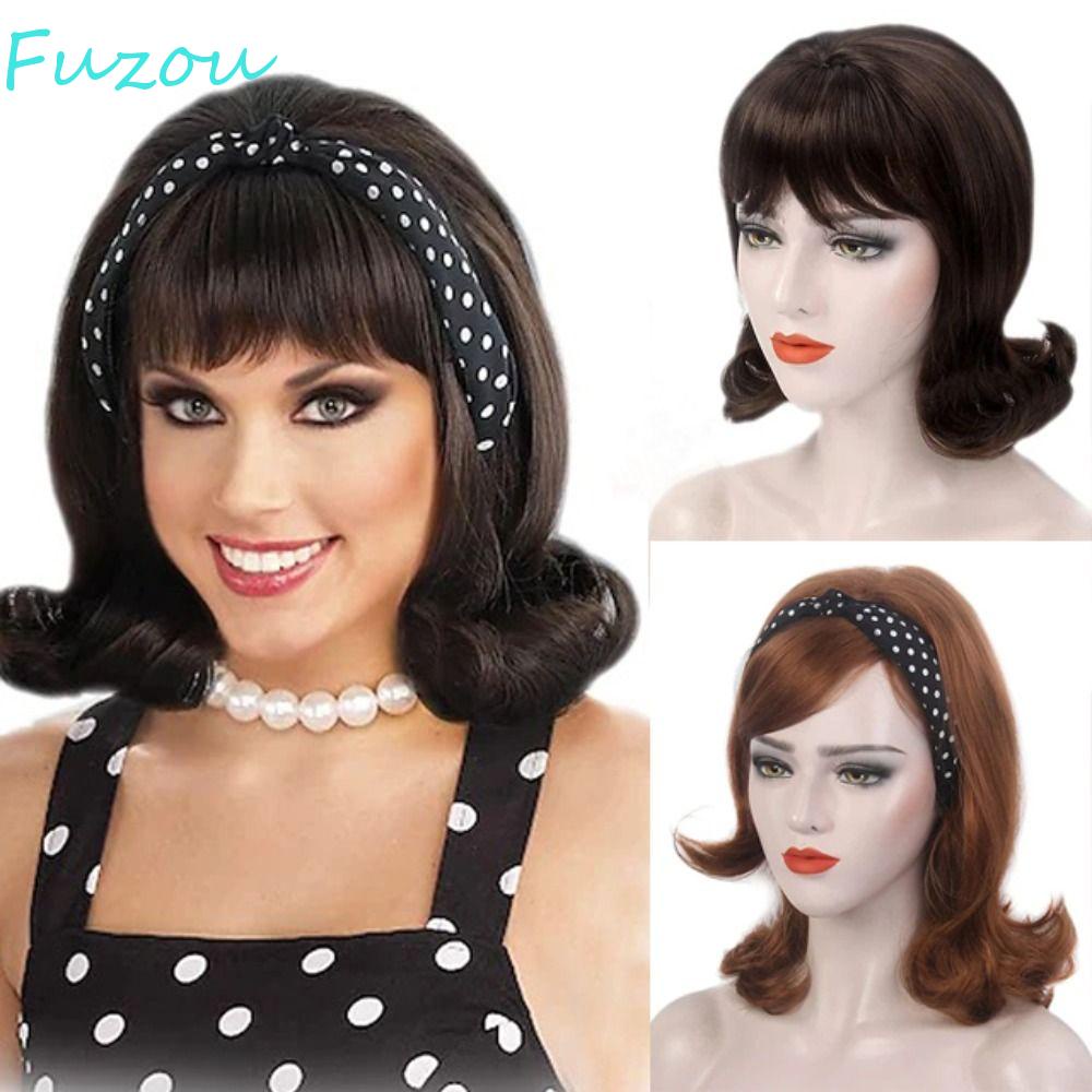 FUZOU Short Curly Wigs, Heat Resistant Fiber Black Retro Cosplay Wig ...