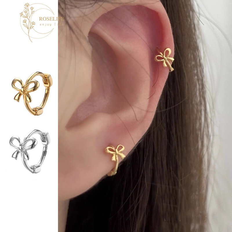 Roselife 14K Gold Butterfly Bow Round Piercing Earrings for Women Girls ...