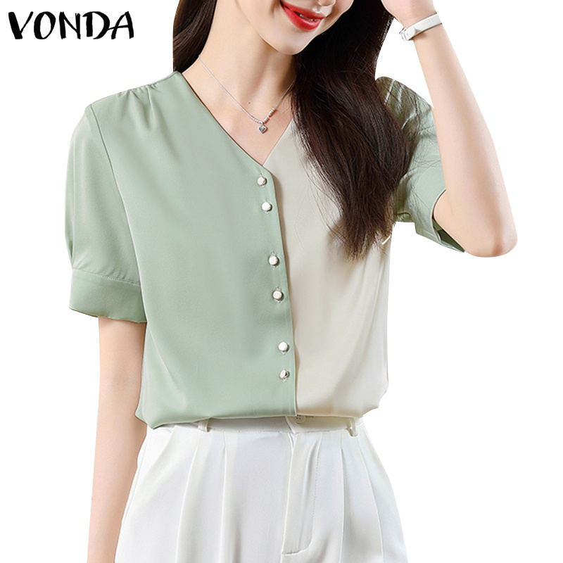 ZANZEA Women Korean Round Neckline Puff Sleeve Decorative Stitching ...