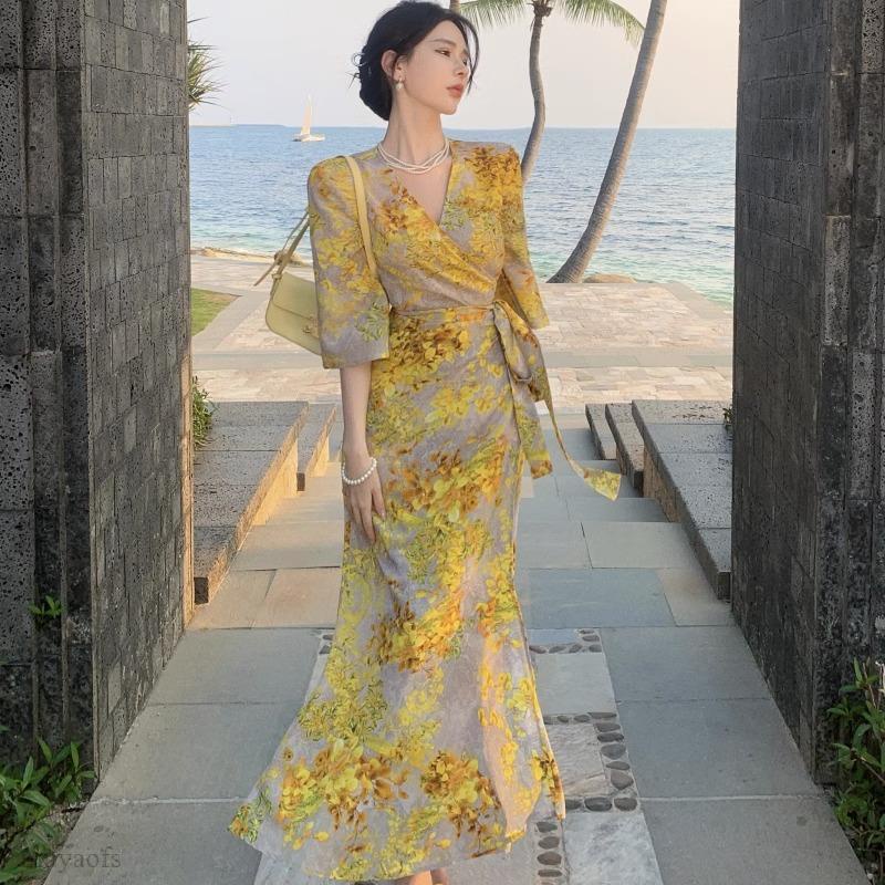 French One-Piece Wrap Dress Women Seaside Vacation Long Dress Golden ...