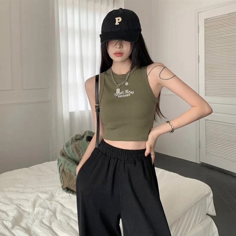 Racer Back Crop Top For Women Embroidered Knitted Korean Trendy Sando ...