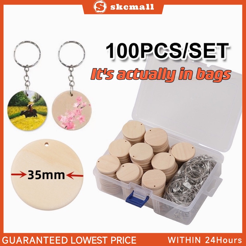 COD 100Pcs/Bag 35mm Blank round Wooden Keychain with Key Ring set ...