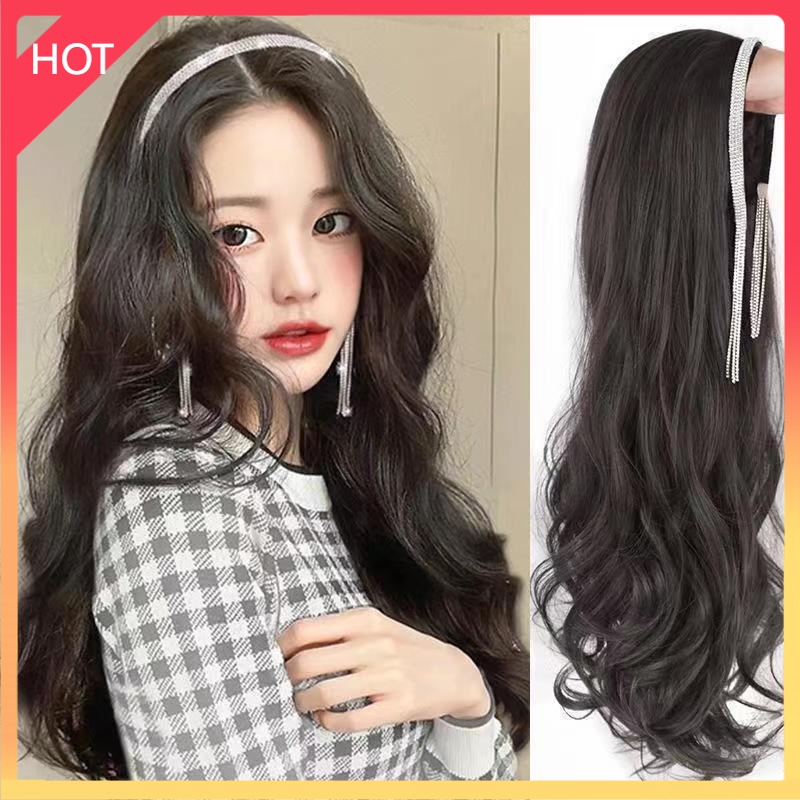 Rhinestone headband wig woman long curly hair U-shaped half head cover ...