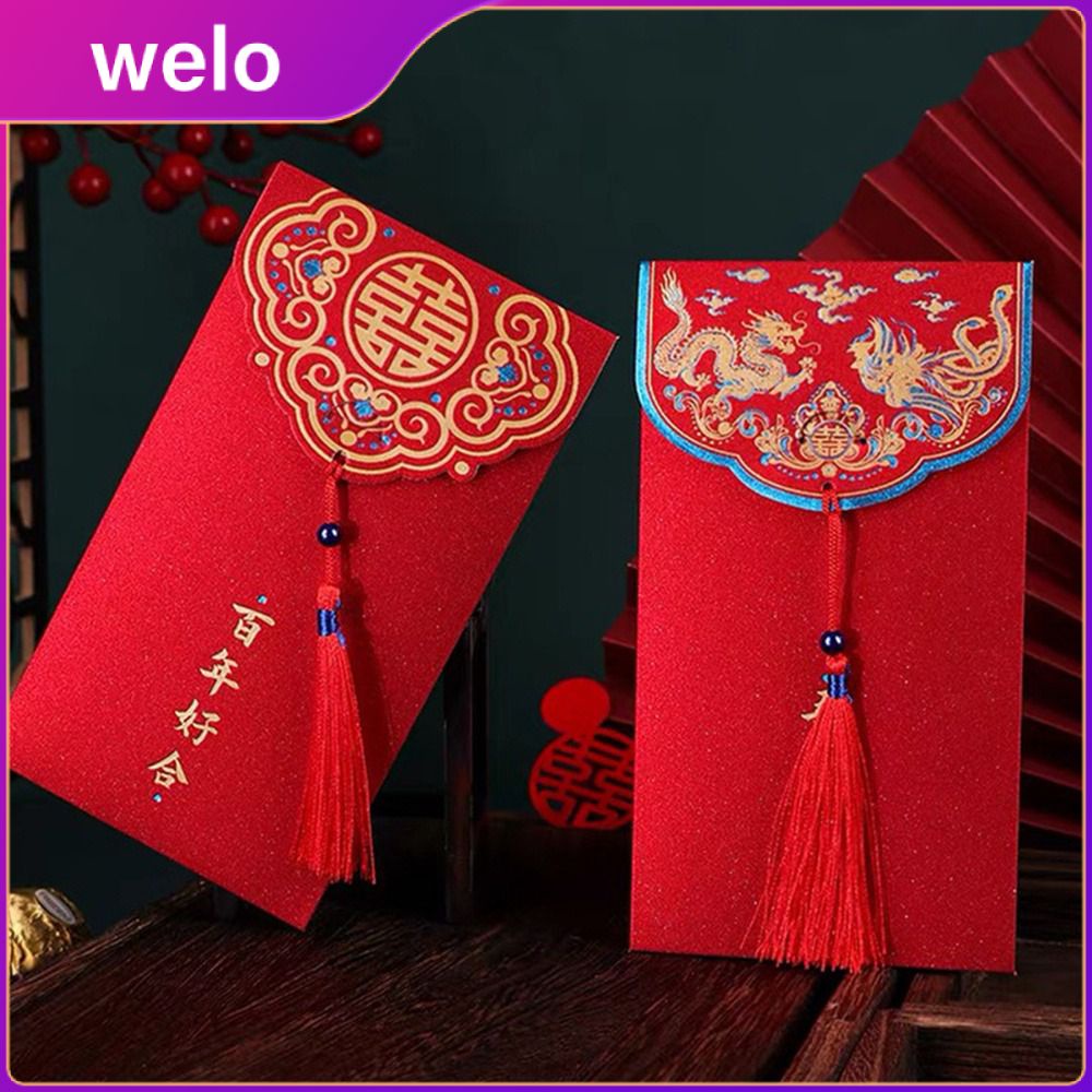WELO 10pcs Wedding Red Envelope Tassel Design Gold Powder Red Packet ...