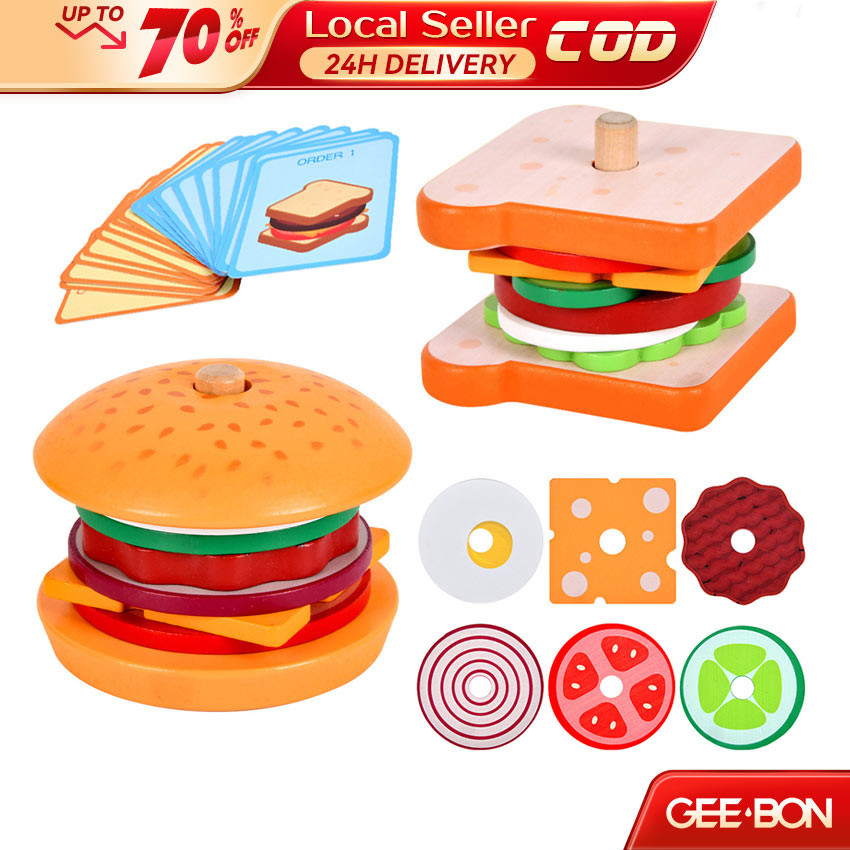 Stacking Burger Sandwich Wooden Montessori Toy Pretend Play Set for ...