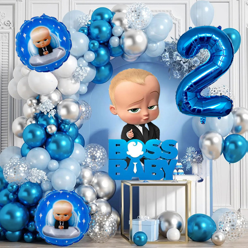Boss Baby Theme Blue White Balloon Arch with Baby Boss Foil Balloons ...