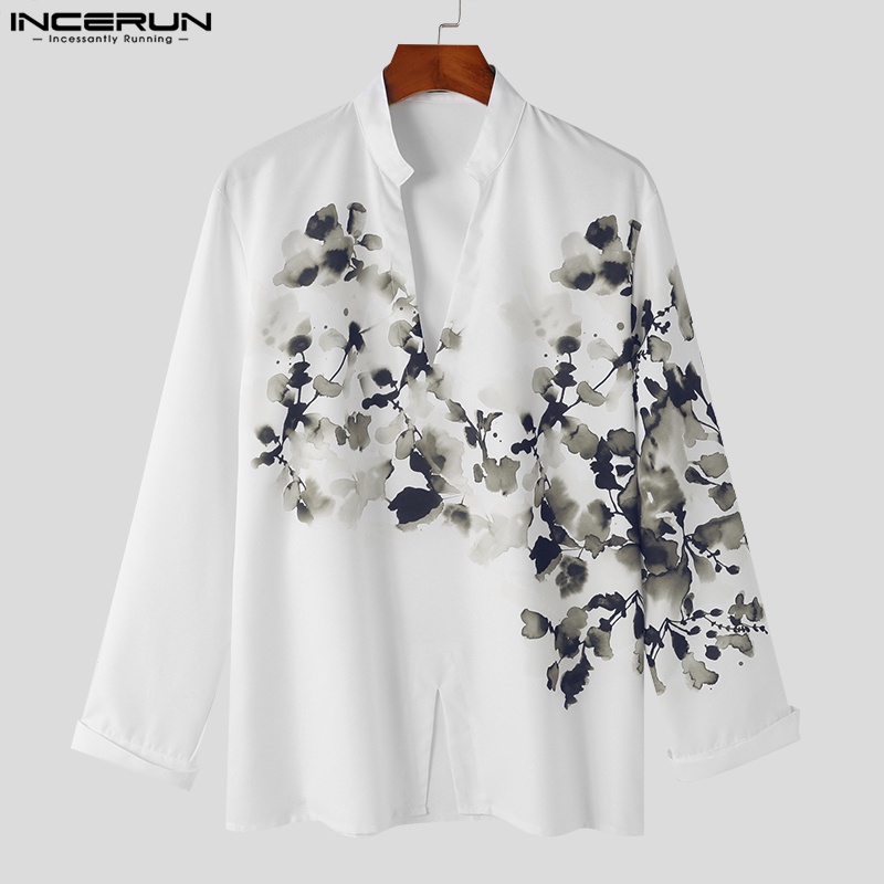 INCERUN Men Vintage Fashion V-Neck Floral Stand-Up Neck Long Sleeve ...