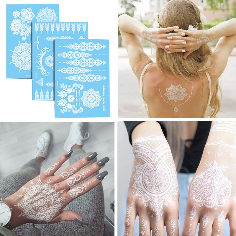 White Lace Henna Tattoo Butterfly Feather Fake Temporary Tattoos Women ...