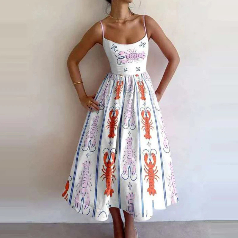 Women's Temperament Printed Pleated Narrow-Waisted Large Swing Sling ...