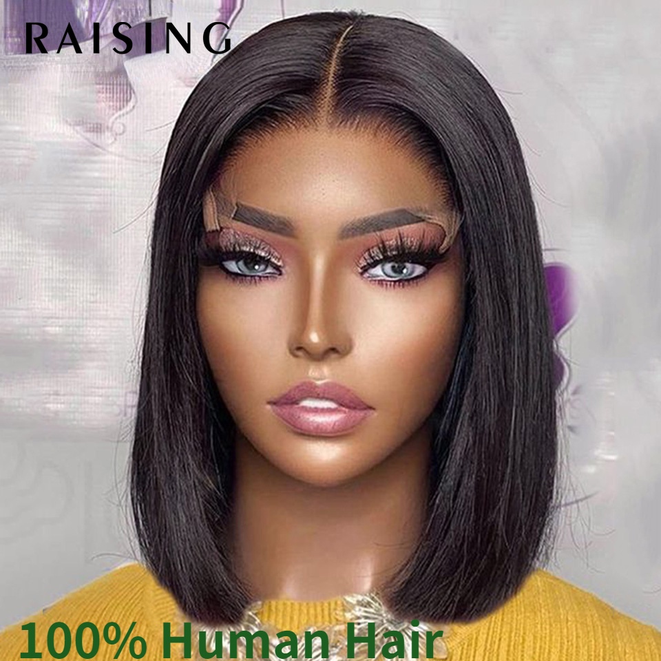 RAISING Short Bob Human Hair Wigs Bone Straight 4X4 Closure Wig ...