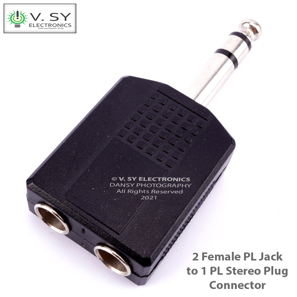 2 Female PL 6.35mm Jack to 1 PL 6.35mm Stereo TRS Plug Connector Audio ...