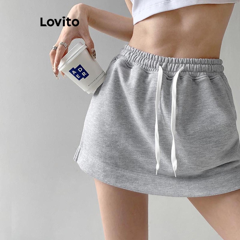 Lovito Women Casual Plain Drawstring Skirts LNA39259 (Grey/Black ...