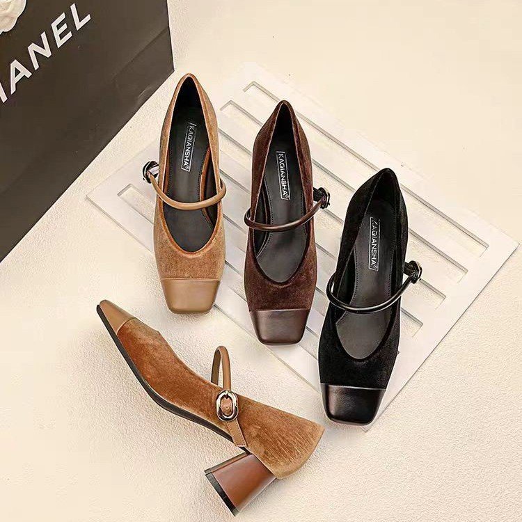 Square Toe Chunky Heel Low-Cut High Heels with Strap | Shopee Philippines