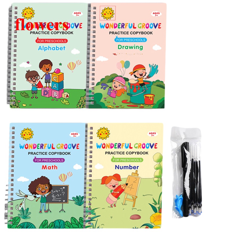 FLOWERS 4pcs Practice Copybook, Automatically Fade Grooved Writing ...