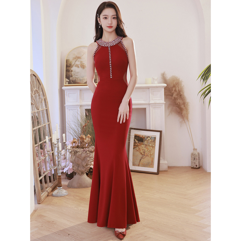 a Wine Red Fishtail Gown Long Dress Halter Wedding Toast Dress Host ...