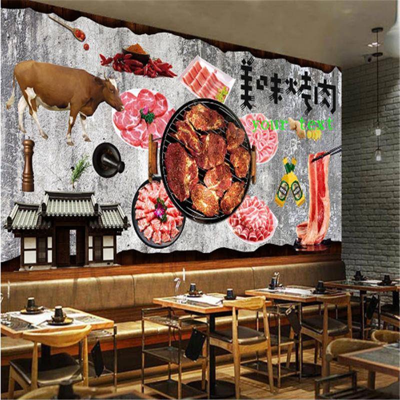 Custom 3D Hand Korean Beef Theme Restaurant Landscape Mural Wallpaper ...