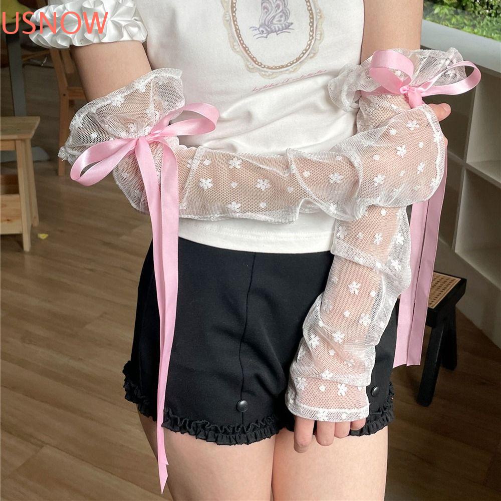 USNOW Lace Arm Warmers Arm Covers Loose Elastic Bow Balletcore Hollow ...