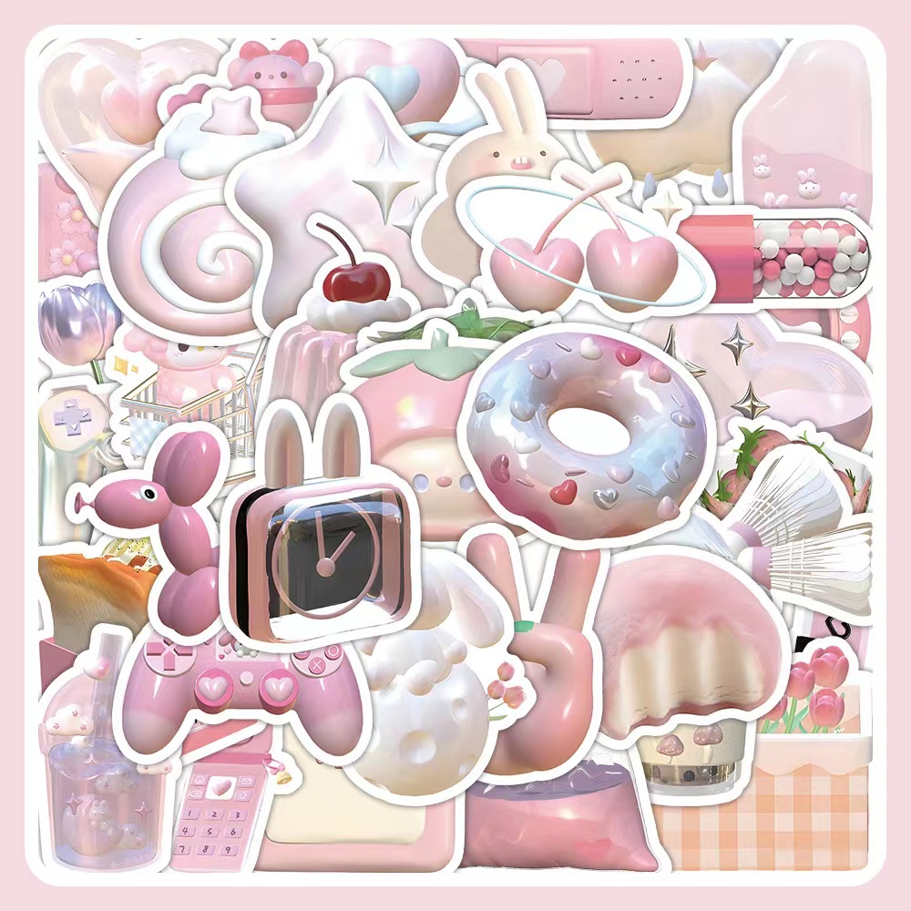 60pcs Cute 3D Pink Stickers Laptop\Phone Decorative Stationery Cartoon ...