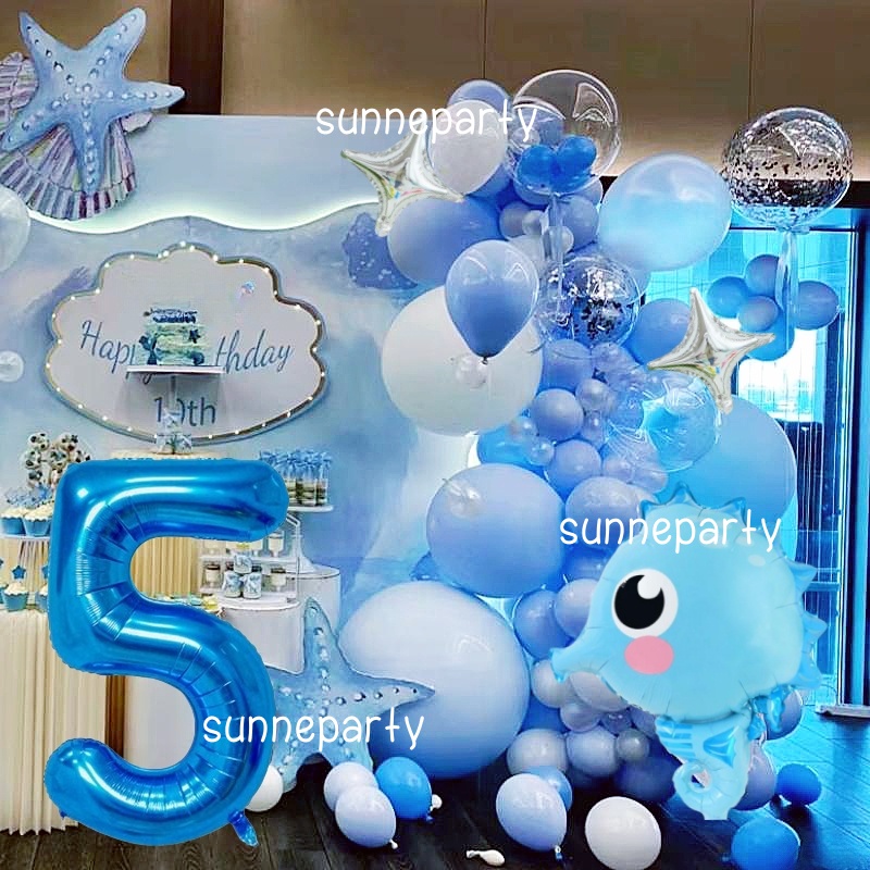 Ocean Animals Birthday Balloons 0-9th Blue Number Balloon Baby Shark ...