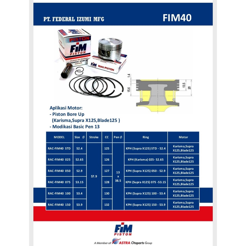 PISTON KIT HONDA SUPRA X 125/KARISMA, BLADE 125, KIRANA FIM 40 ASTRA PT ...