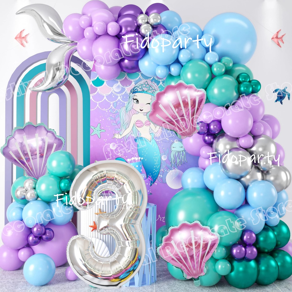 Mermaid Theme Mermaid Tail Shell Balloon Garland Arch Metallic Green ...