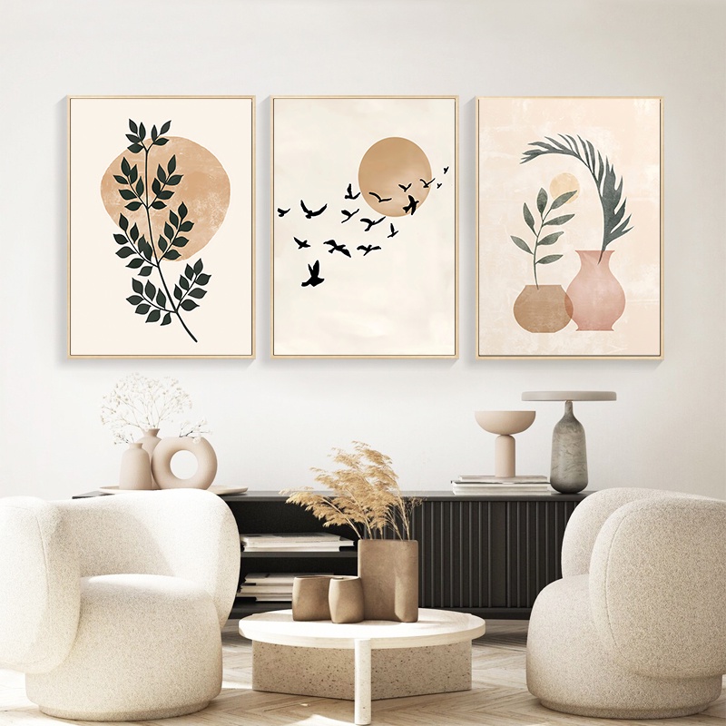 Bohemian Plant Leaf Sun Birds Abstract Posters and Prints Boho Wall Art ...