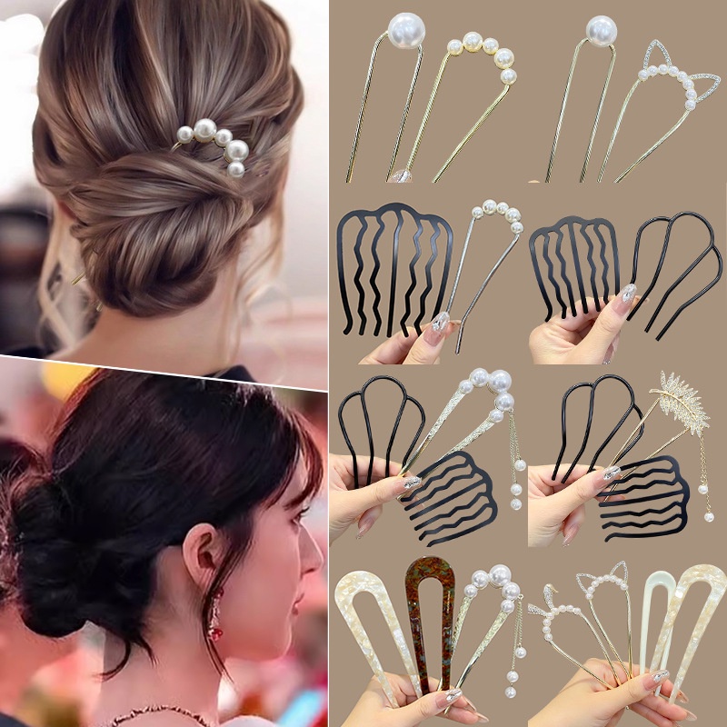 Korean Fashion U-shaped Pearl Hairpin Elegant Bun Insert Comb Hair ...