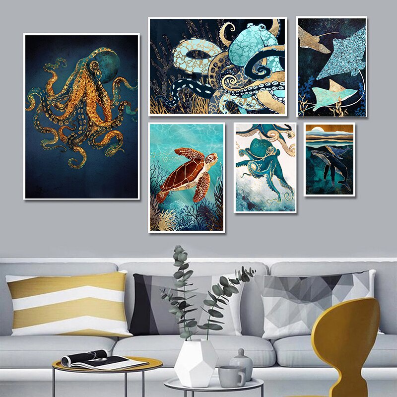 Abstract Marine Life Artwork, Whale and Octopus Canvas Painting, Ocean ...