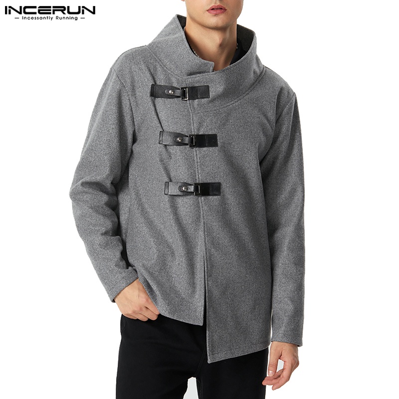 INCERUN Men Vintage Fashion Three Buttons Stacked Collar Irregular Hem ...