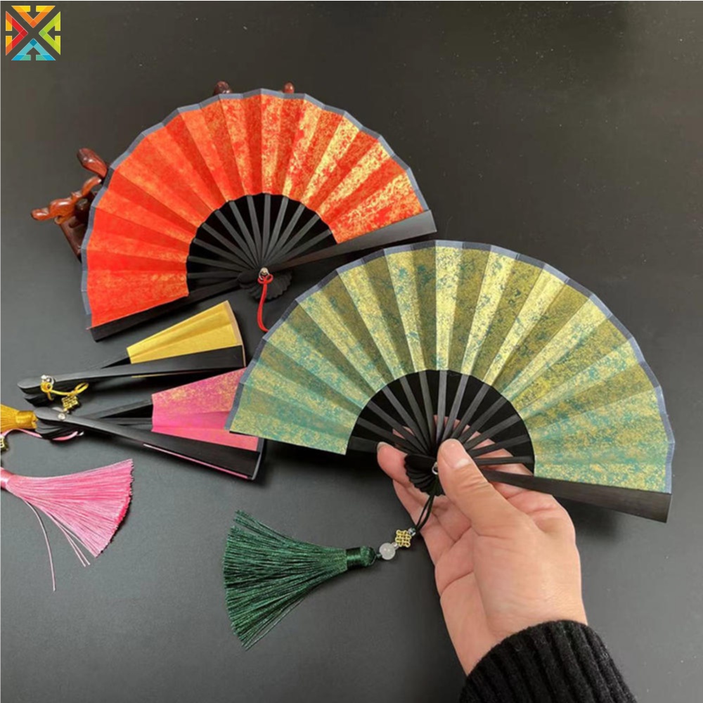 4Inch Mini Fan Colorful Dark Green Gold-plated Rice Paper Folding Fan ...