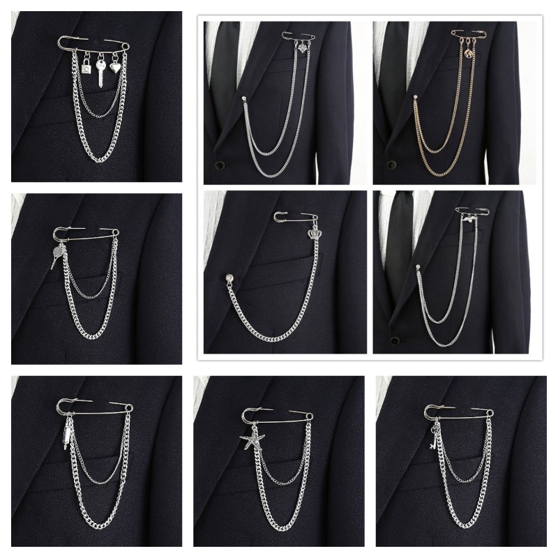 Brooch Men European American Trendy Long Chain Brooch Suit Accessories ...