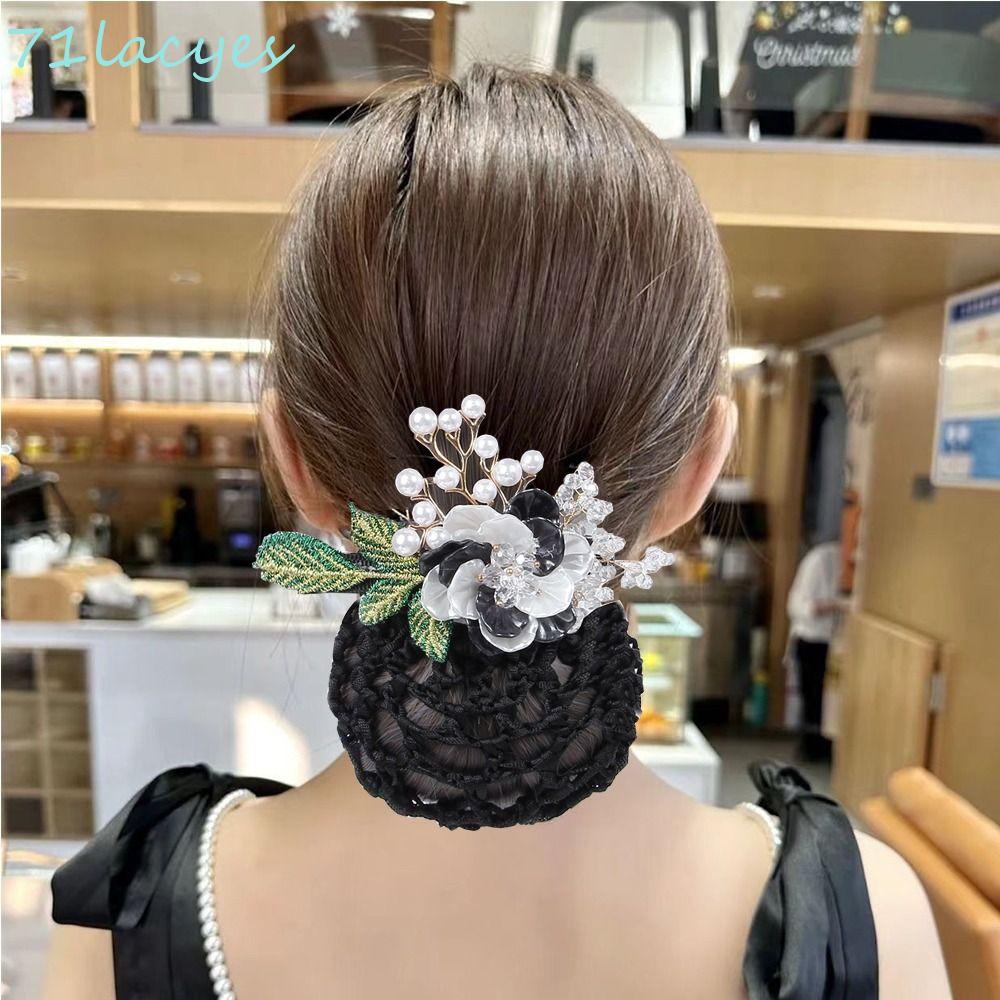 LACYES Flower Snood Spring Clip, Korean Style Bun Snood Pearls Crochet ...
