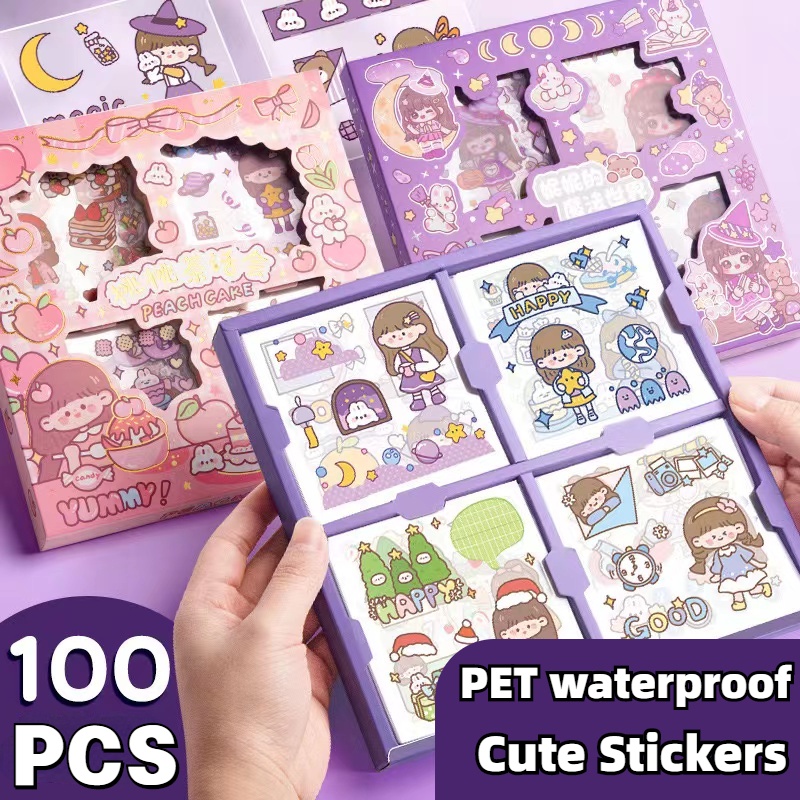 100 Sheets Sticker PET Cute Handbook DIY Stickers Students Materials ...