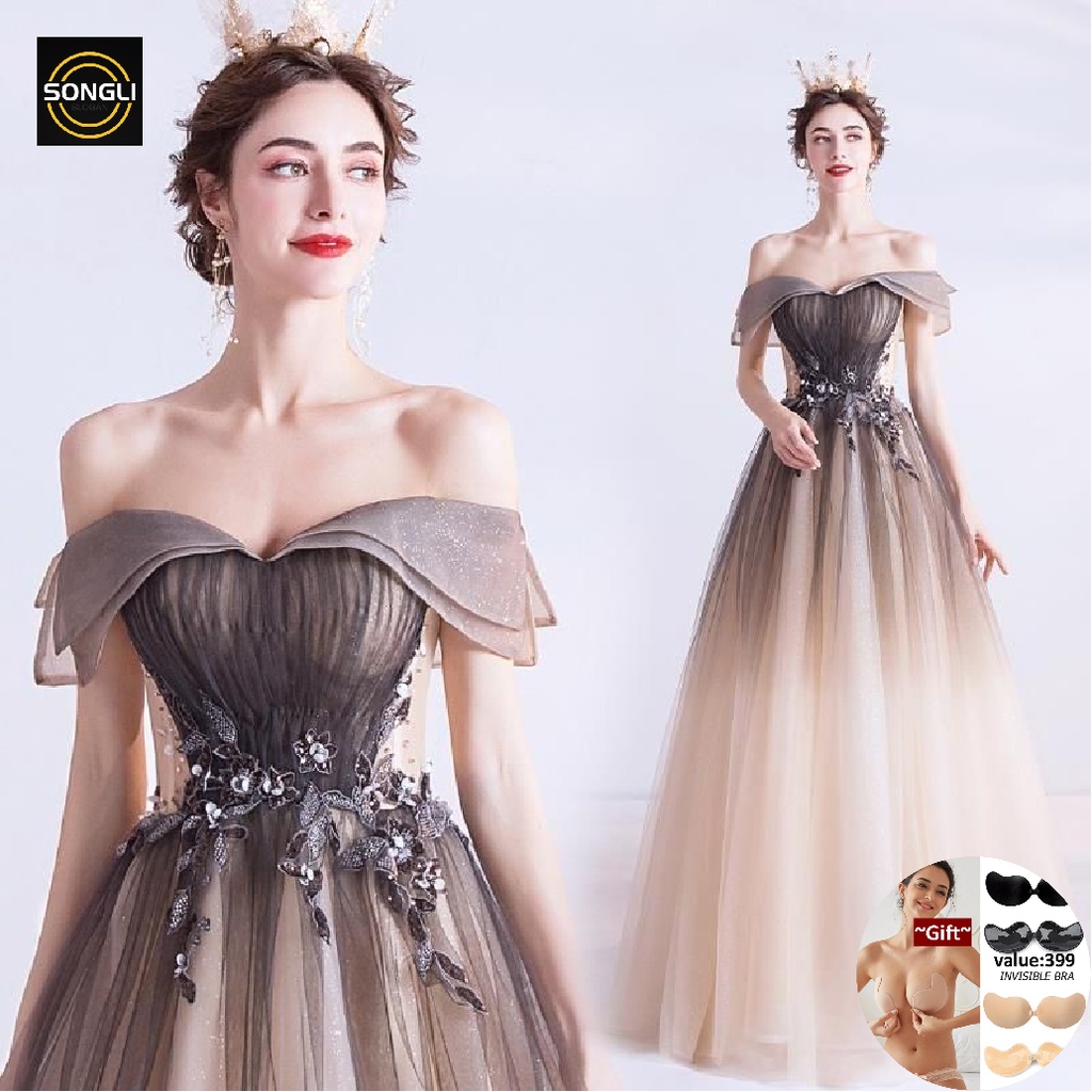 Gradient black prom dress coffee ball gown annual performance host long ...
