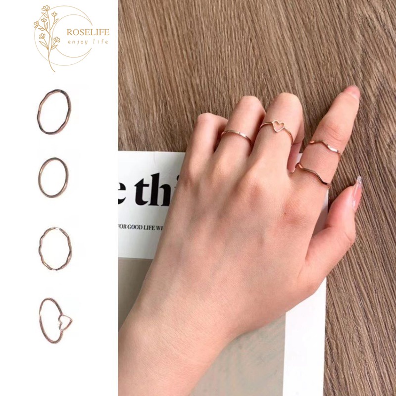 Roselife 4PCs Retro Minimalist Chic Gold Geometric Line Wave Heart Stacking Ring Set for Women ...